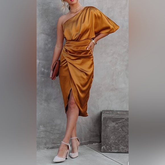 Dresses | Womens Formal Long Dresses One Shoulder Ruched High Slit Satin Bodycon Midi | Poshmark